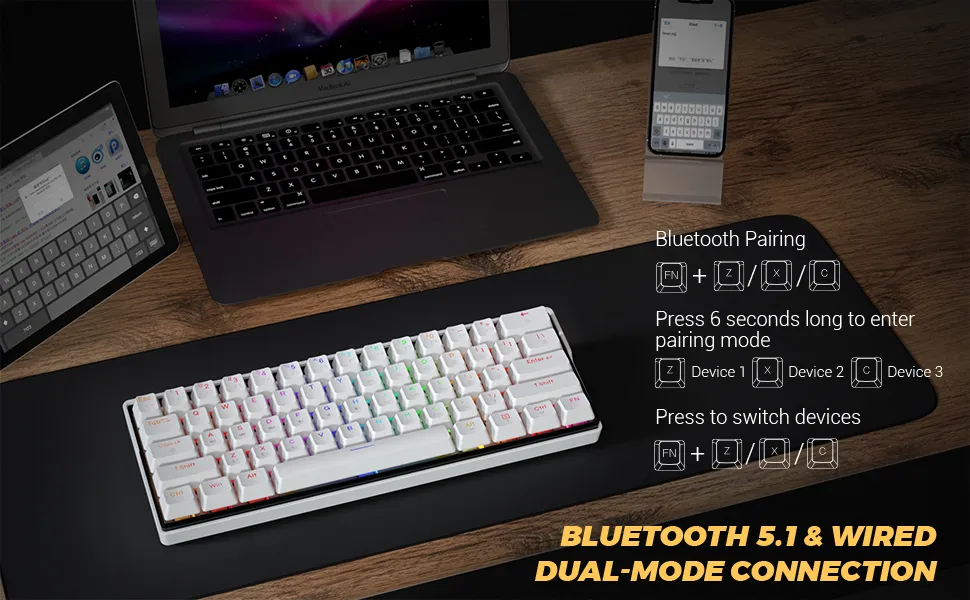 KEMOVE DK61 Wireless 60% Mechanical Gaming Keyboard, Bluetooth 5.1 Hot ...